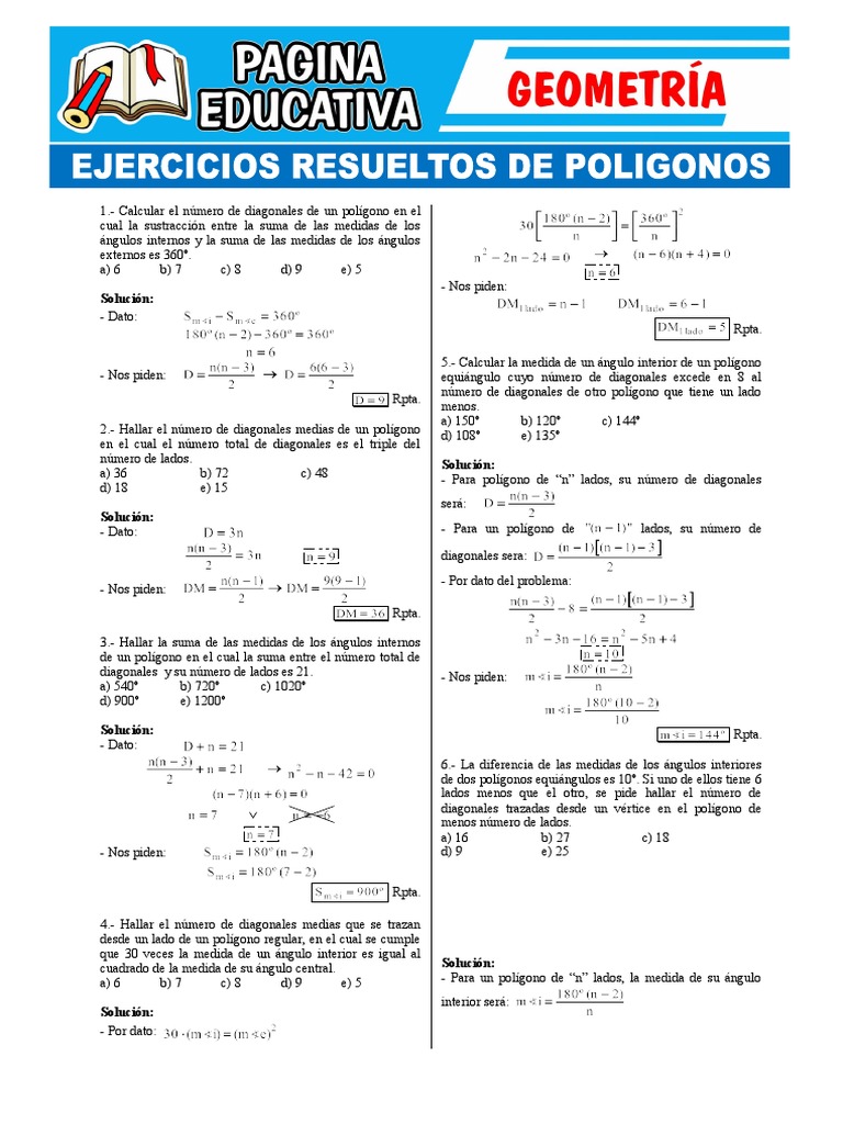 Ejercicios sobre Diagonales y Ángulos en Polígonos | PDF | Ángulo | Politopos