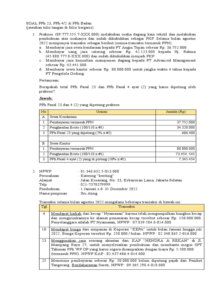 Jawaban PPH 23, PPH 4 (2) Dan PPH Badan - Lab Perpajakan | PDF