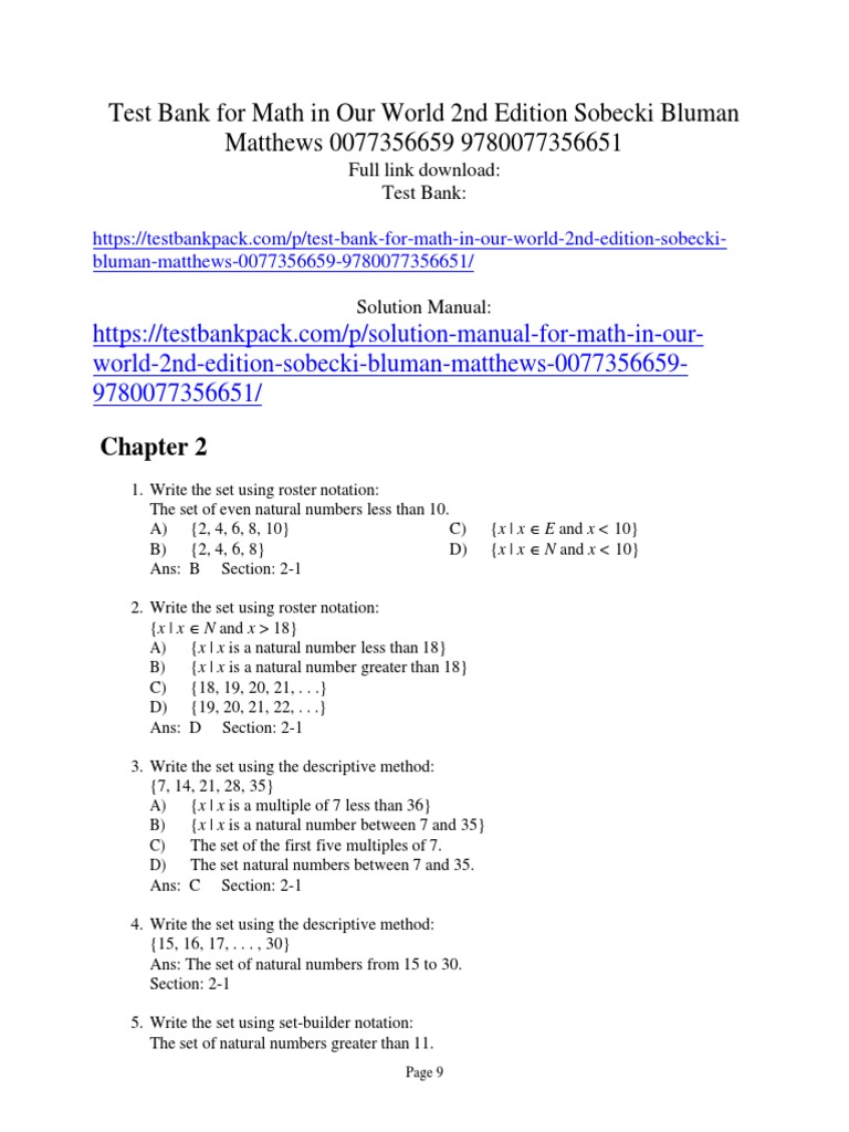 Math in Our World 2nd Edition Sobecki Bluman Matthews Test Bank | PDF ...