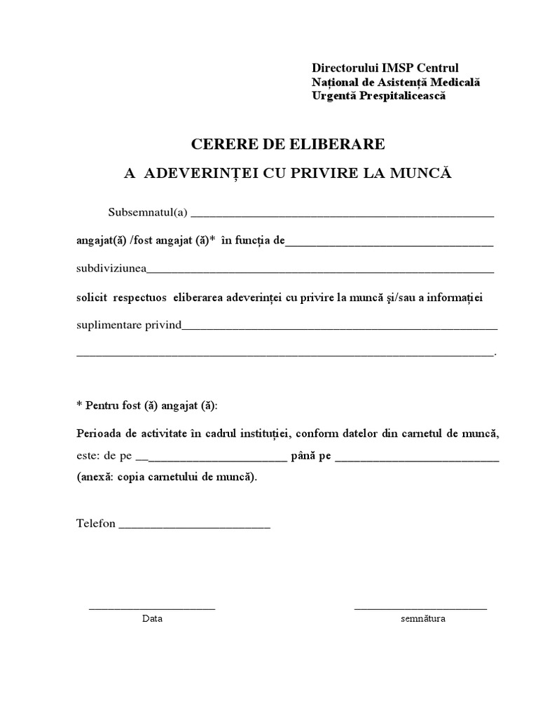 11.cerere Eliberare Adeverinta Cu Privire La Munca | PDF