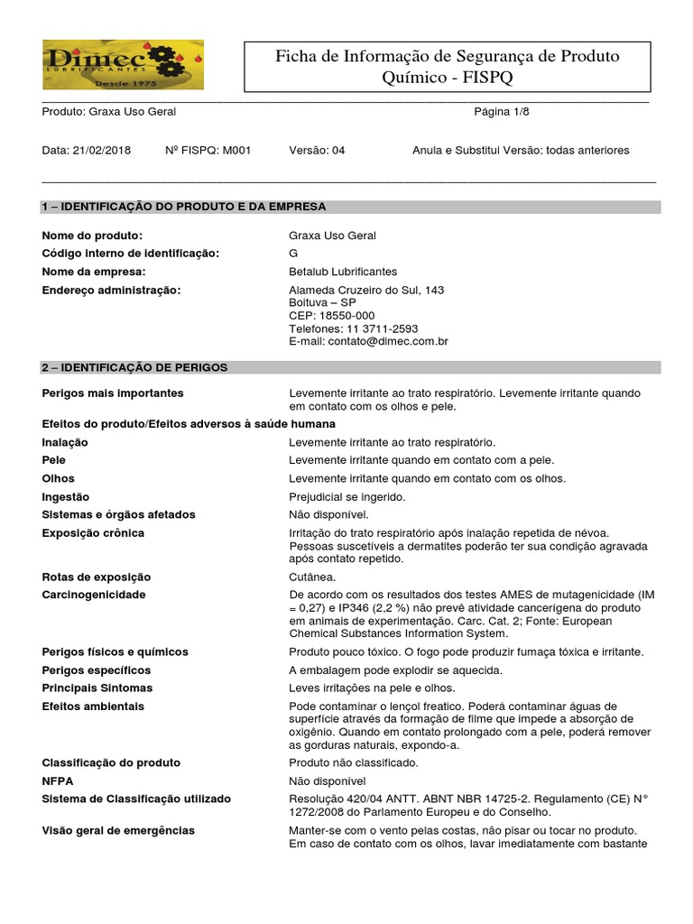 FISPQ Graxa Uso Geral | PDF
