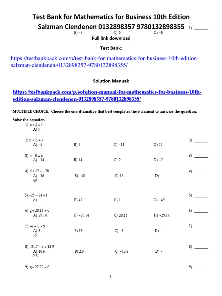 Mathematics For Business 10th Edition Salzman Clendenen Test Bank | PDF ...