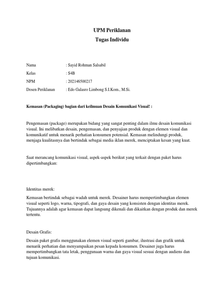 UPM - Periklanan - S4B - 202146500217 - Sayid Rohman Salsabil | PDF