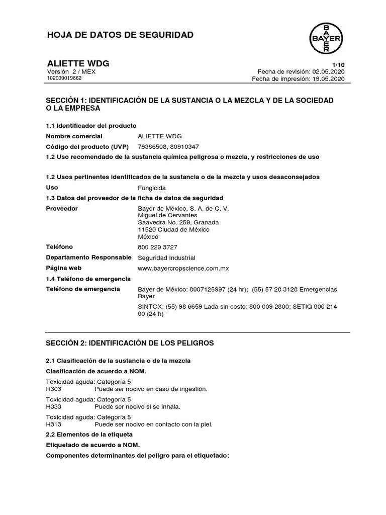ALIETTE Hoja de Seguridad | PDF | Toxicidad | Agua