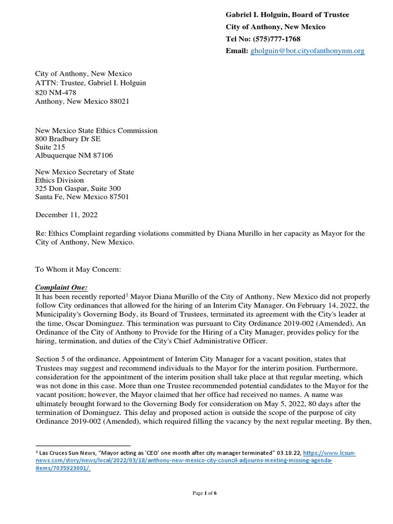 Gabriel Holguin Ethics Complaint Against Diana Murillo | PDF | Board Of ...