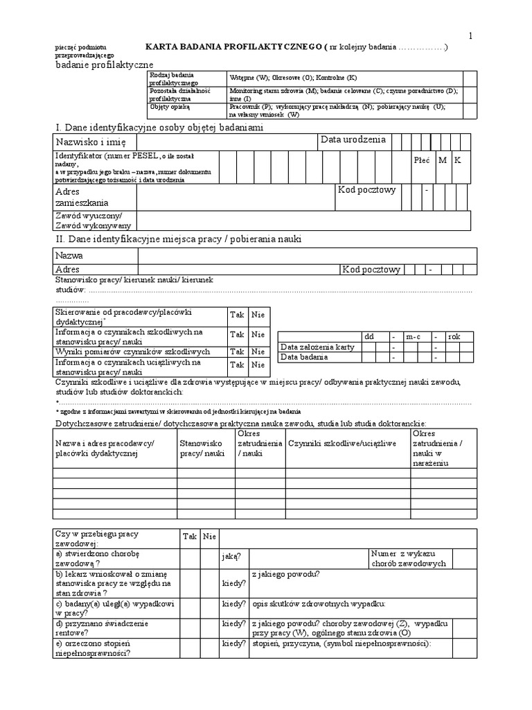 Karta Badania Profilaktycznego | PDF