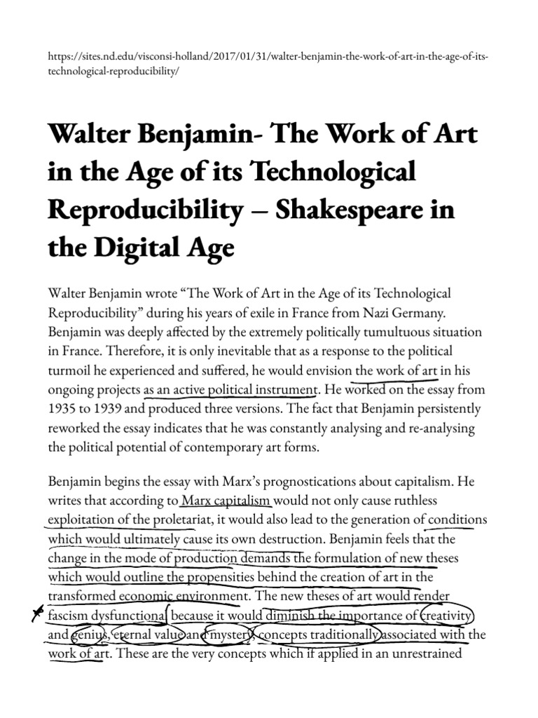 Walter Benjamin - The Work of Art in The Age of Its Technological ...
