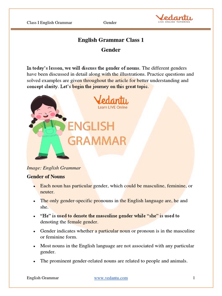 English Grammar Class 1 Gender - Learn and Practice - Download Free PDF ...