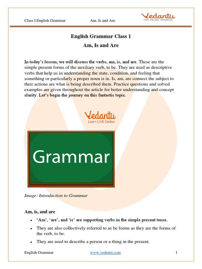 English Grammar Class 1 Am Is and Are - Learn and Practice - Download Free PDF | PDF | English ...