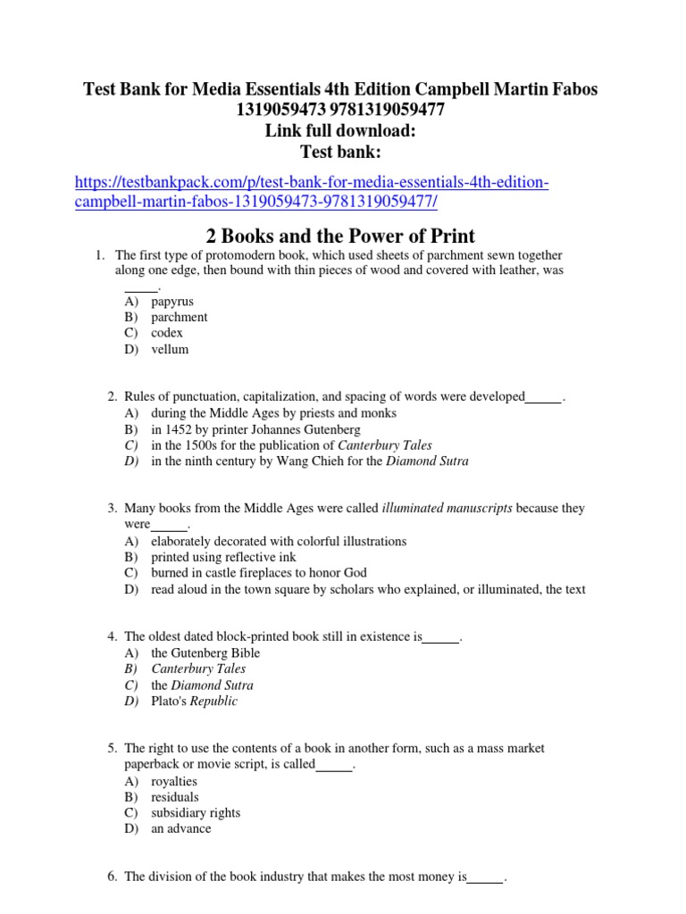 Media Essentials 4th Edition Campbell Martin Fabos Test Bank | PDF ...