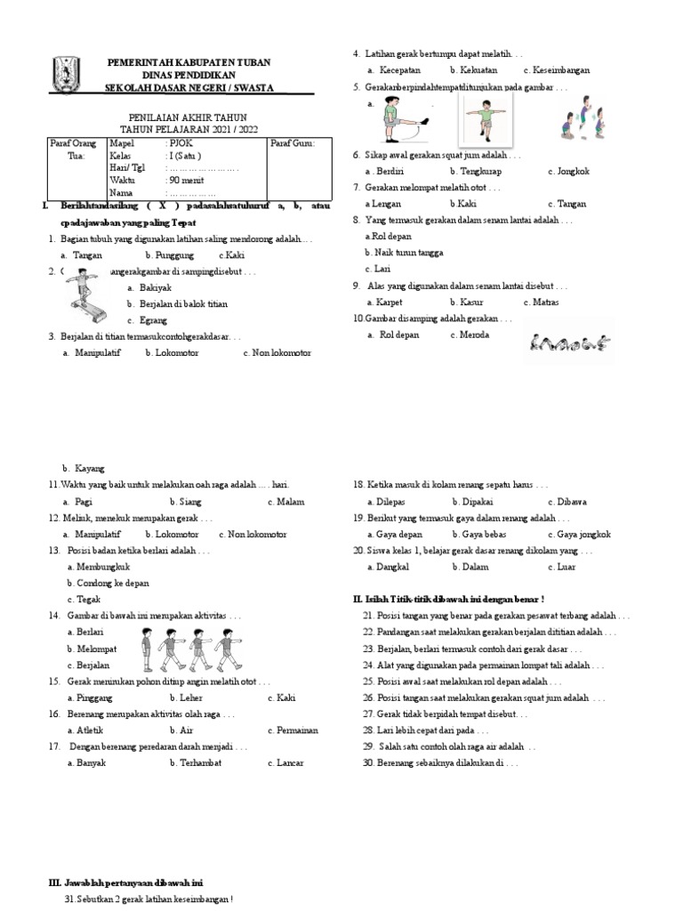 SOAL PAS PJOK KELAS I Sem 2 2021-2022 | PDF