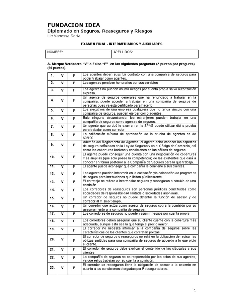 Examen Final Interm Auxiliares Vs | PDF | Seguro | Reaseguro