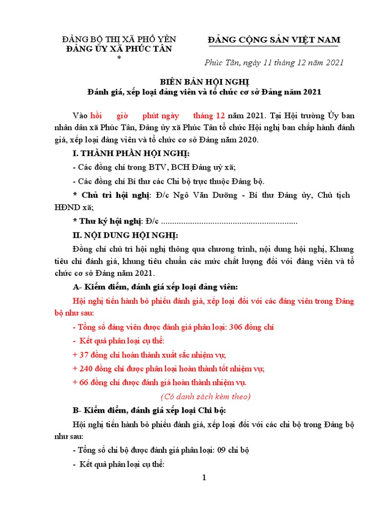 06 Bien Ban HN Danh Gia, Xep Loai Chat Luong Dang Bo, Chi Bo, Dang Vien Nam 2021 | PDF