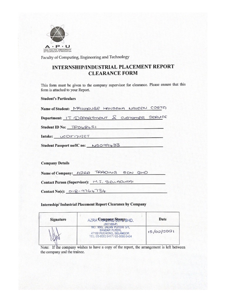 Internshipindustrial Placement Report Clearance Form | PDF