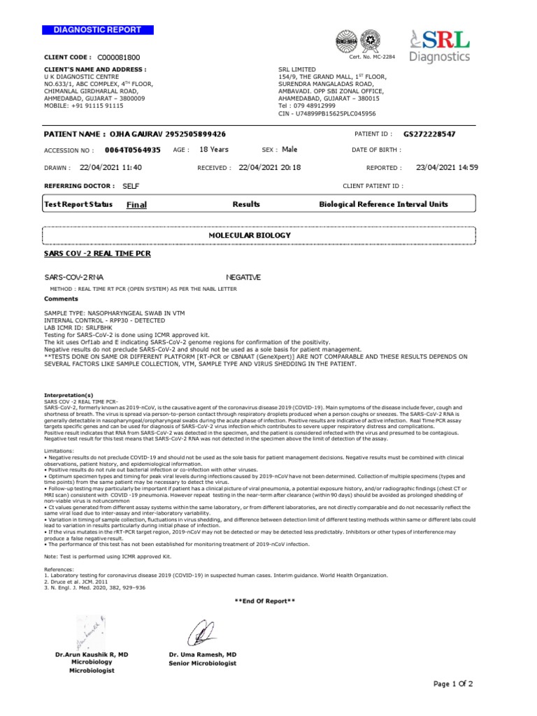 SRL Covid Test Report - Ojha Gaurav - 23.04.2021 | PDF