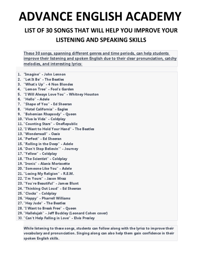 30 Songs to Enhance English Skills | PDF
