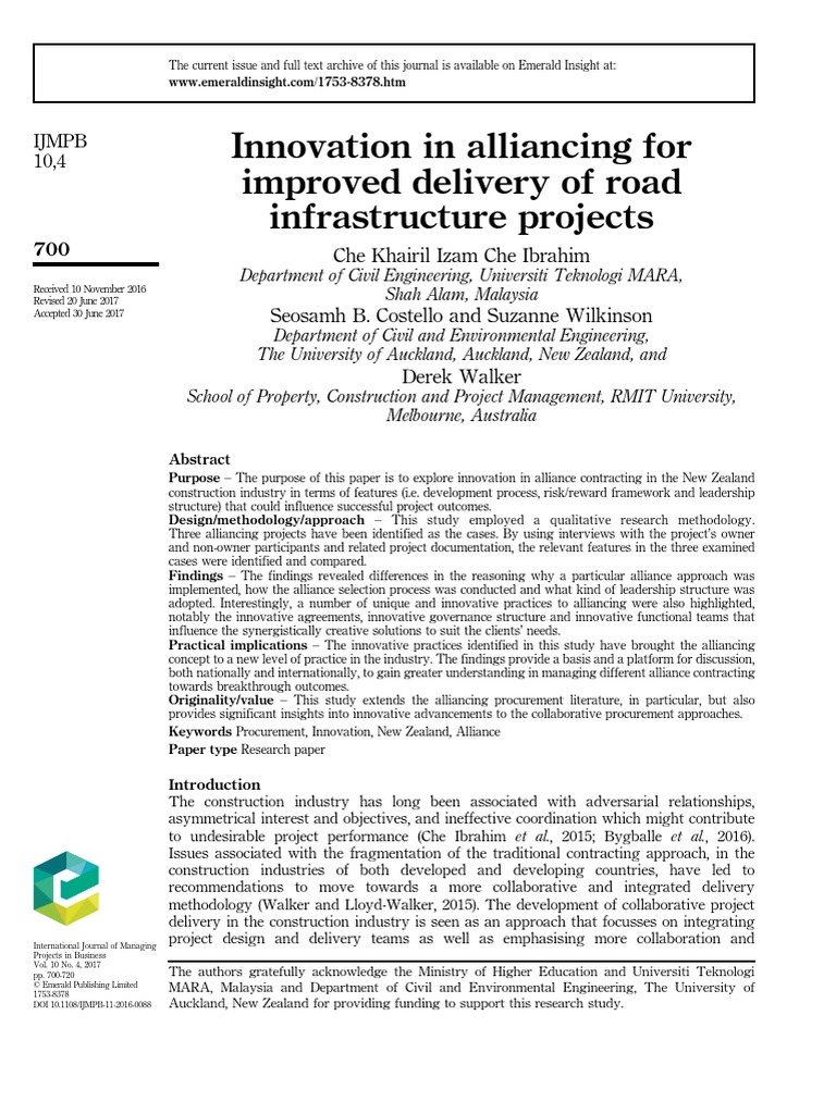 Innovation in Alliancing For Improved Delivery of Road Infrastructure ...