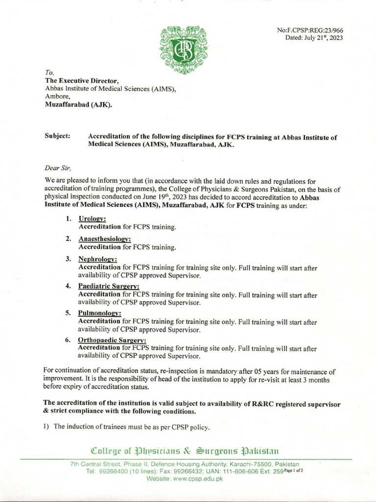 Accreditation Letter Abbas Institute of Medical Sciences AIMS ...