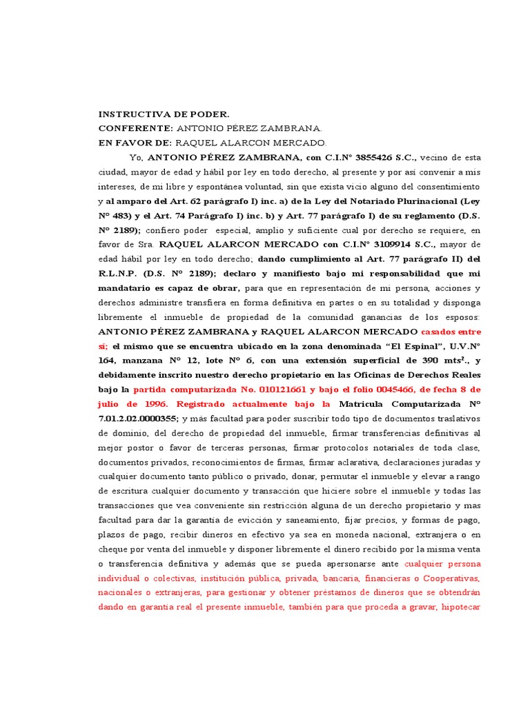 Instructiva de Poder Inmueble, Entre Esposos | PDF | Propiedad | Justicia