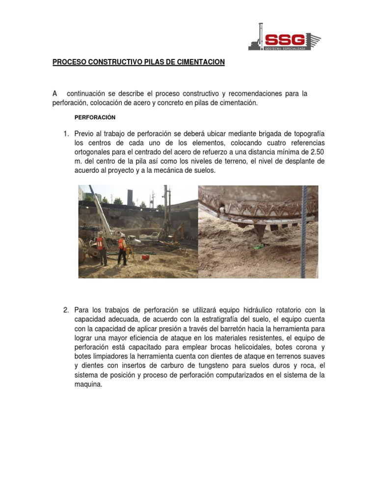 Proceso Constructivo Pilas | PDF | Perforación | Hormigón