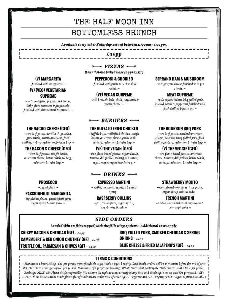 Half Moon Inn Bottomless Brunch Menu | PDF | Hamburgers | Bacon