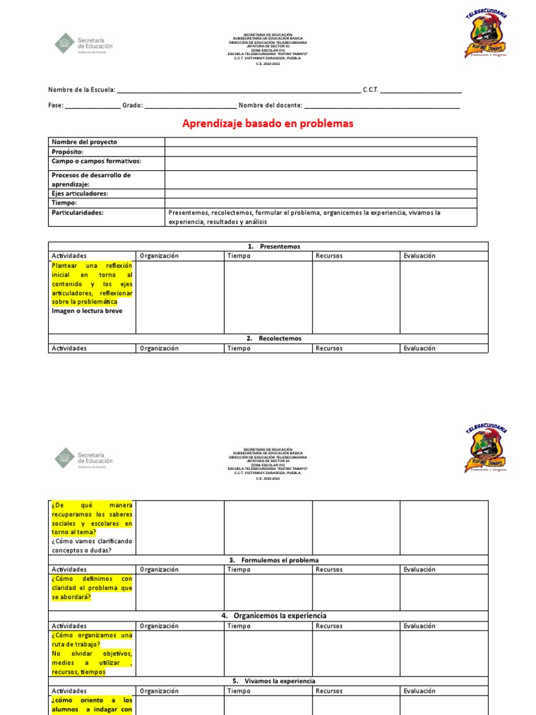 Formato Proyecto Aprendizaje Basados en Problemas | PDF | Evaluación | Educación primaria