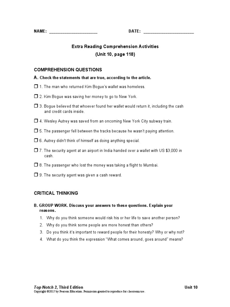 Extra Reading Comprehension Activities (Unit 10, Page 118) | PDF
