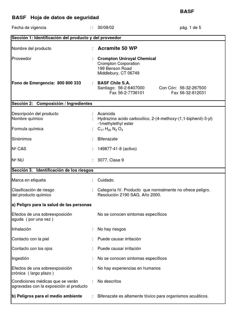 Ficha Técnica de Acramite 50 WP | PDF | Agua | Solubilidad