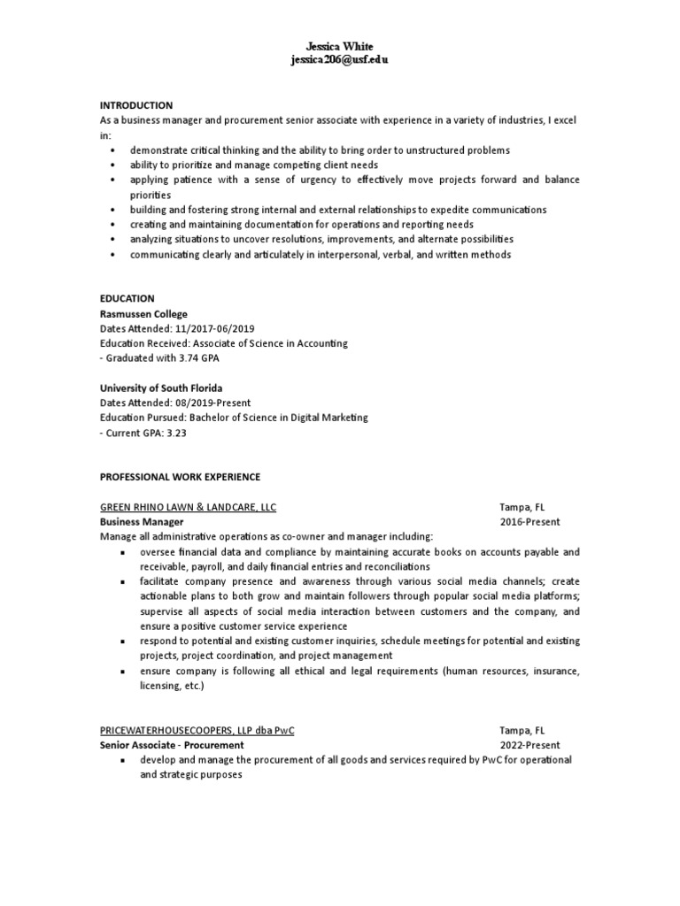 Jessica White Usf Resume PWC | PDF | Business | Business Economics