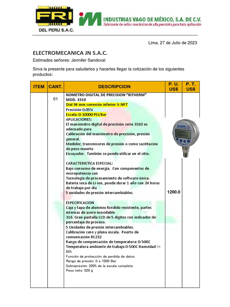 Cotización Manómetros Digitales RITHERM | PDF
