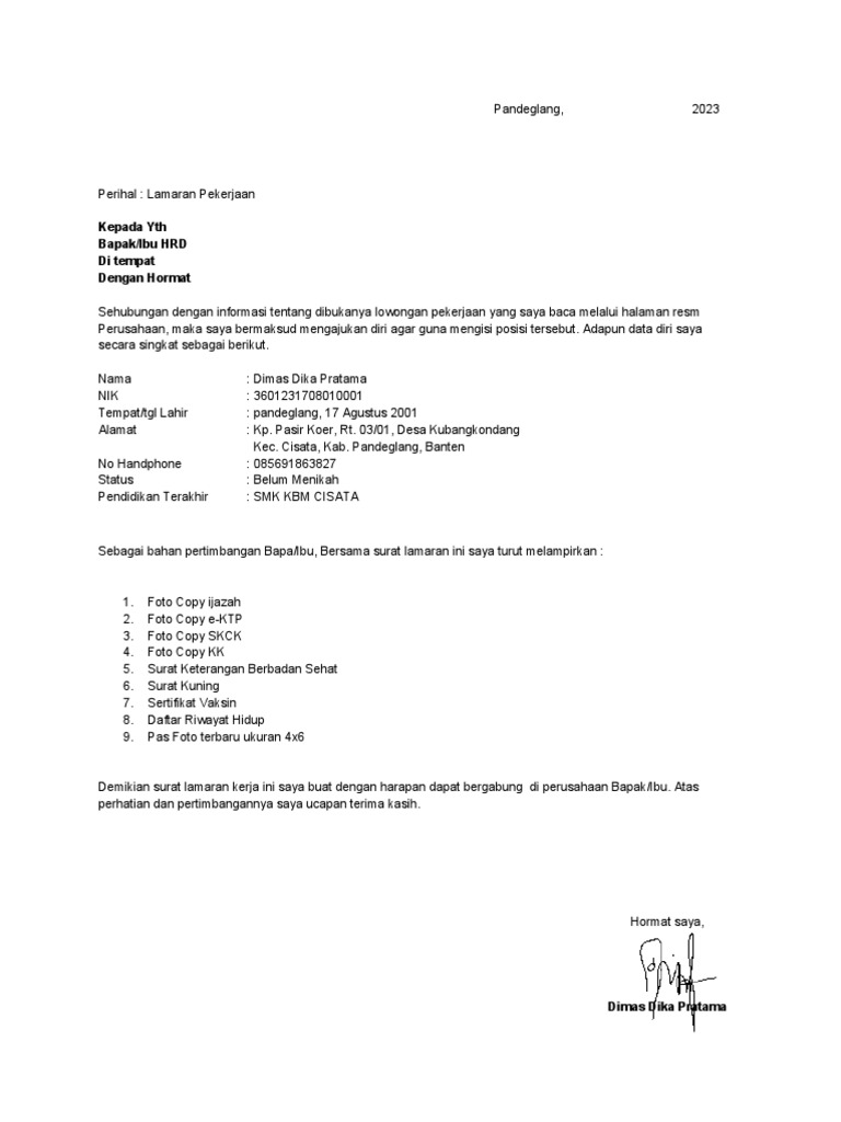 Surat Lamaran Dimas 1 | PDF