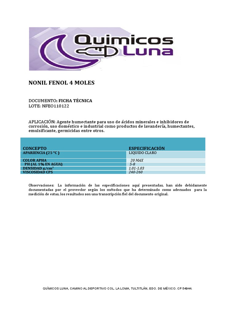 Ficha Tecnica Nonil Fenol 40 M | PDF