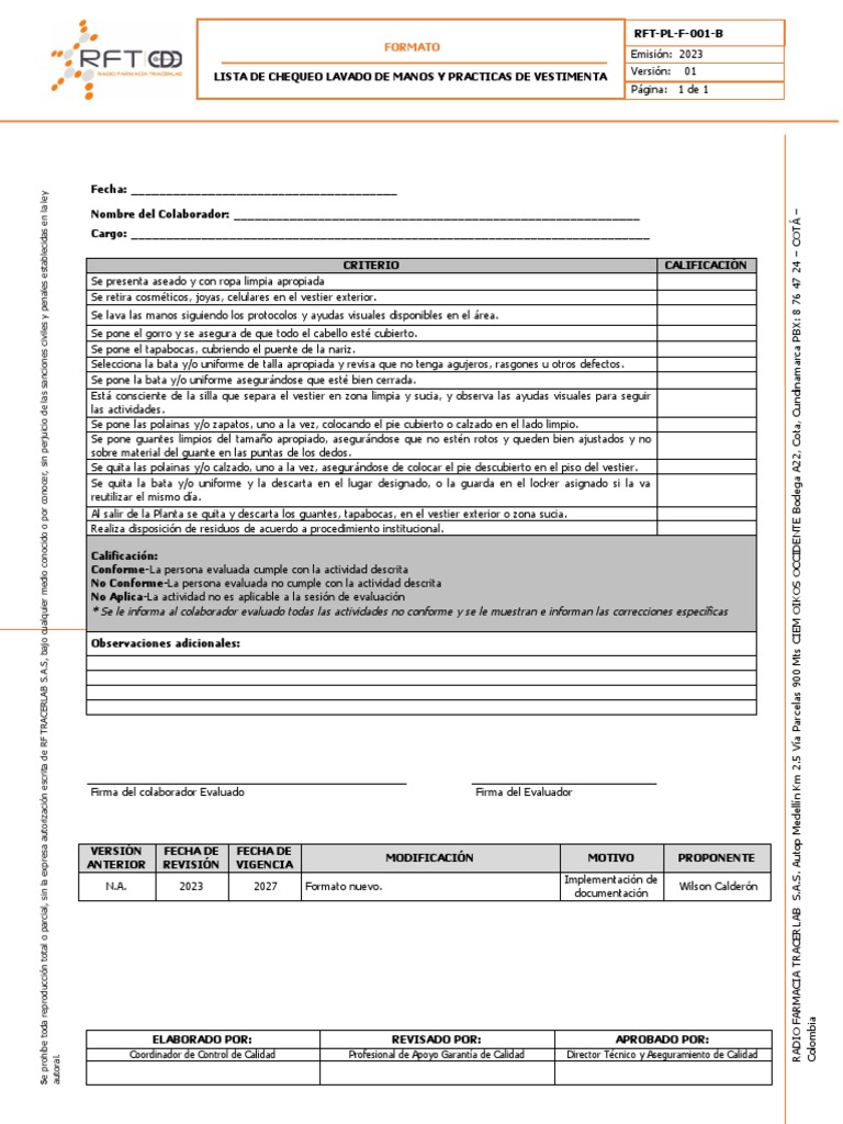 RFT-PL-F-001-B Formato Lista de Chequeo de Lavado de Manos y Vestimenta ...