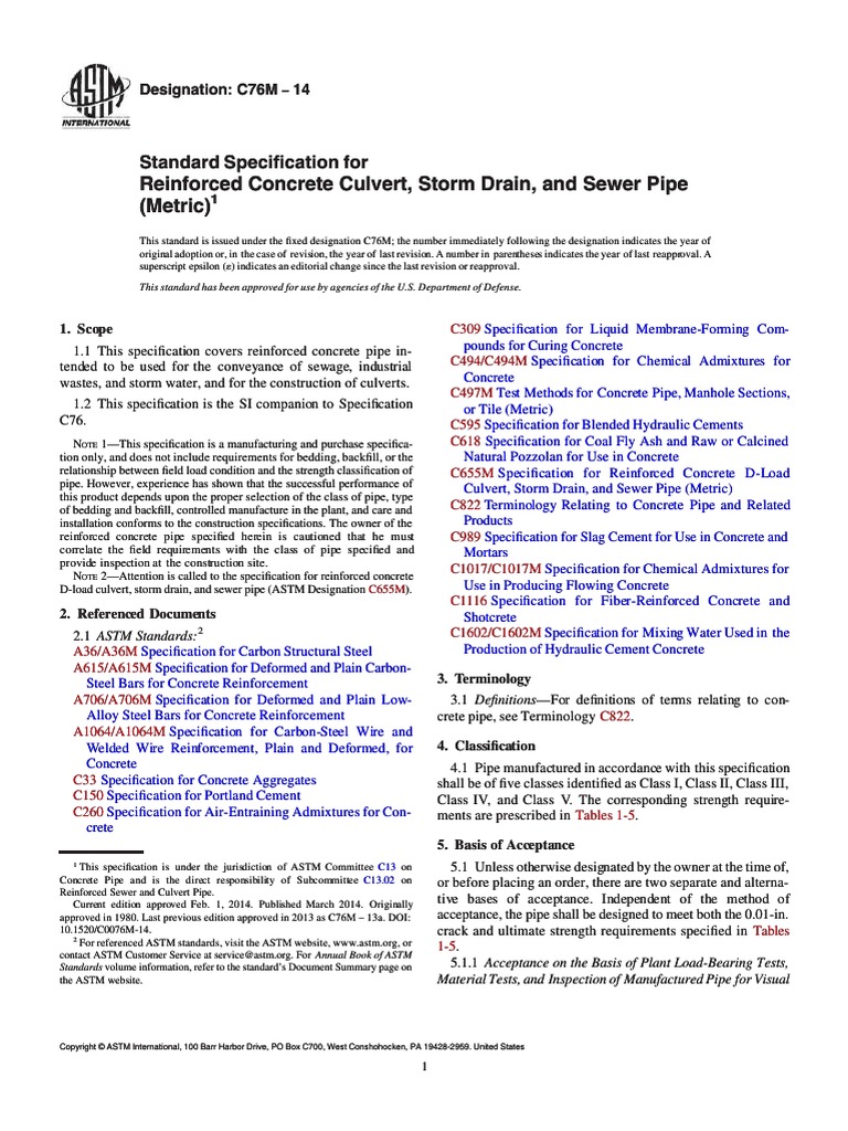 ASTM C76M Specification for Concrete Pipe | PDF | Cement | Concrete