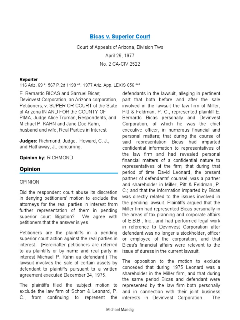 Bicas v. Superior Court - 116 Ariz. 69 | PDF | Lawsuit | Lawyer