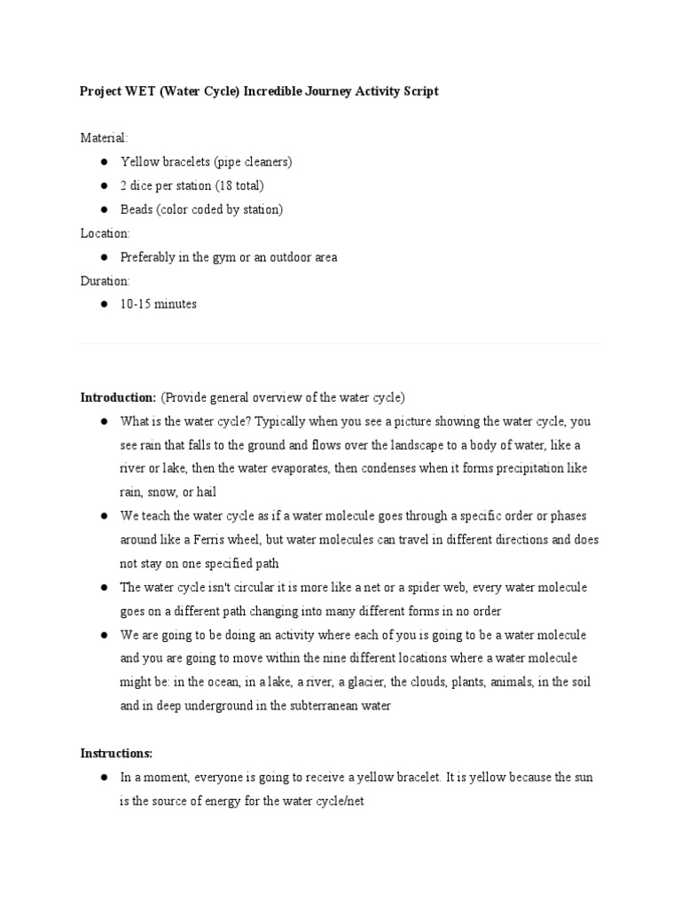 Project Wet Incredible Journey Activity Script | PDF | Water Cycle | Water