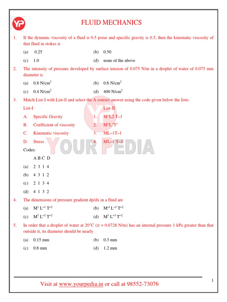 FM Practice Questions | PDF | Pressure | Viscosity
