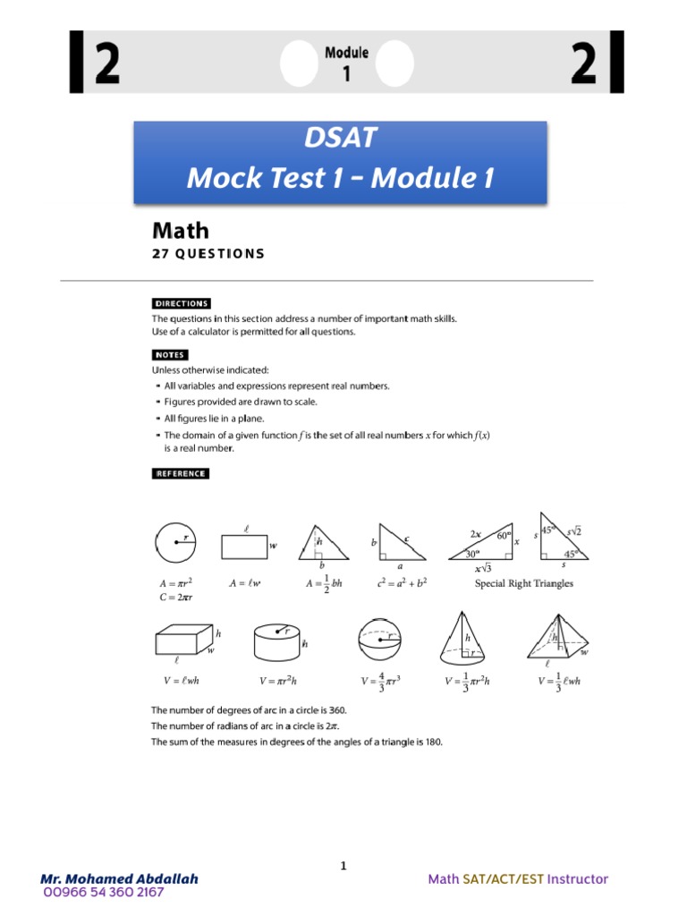 Mock Test 1 DSAT by Mr. Mohamed Abdallah | PDF | Circle | Sphere