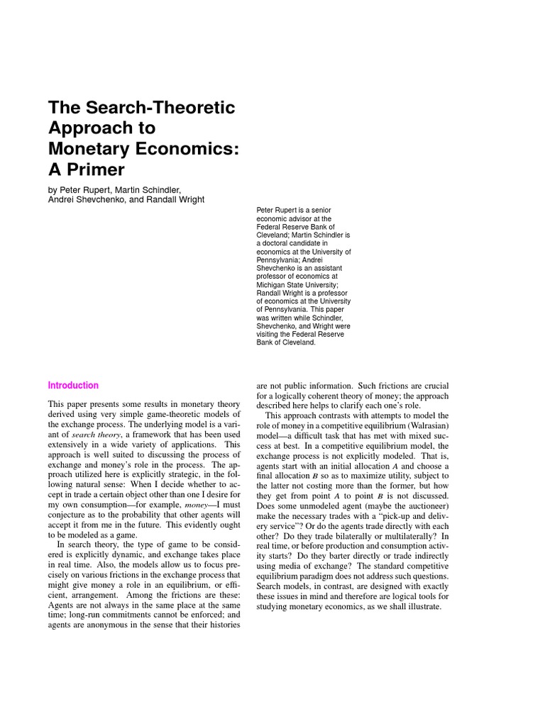 The Search-Theoretic Approach To Monetary Economics - Rupert, Schindler, Shevchenko & Wright ...