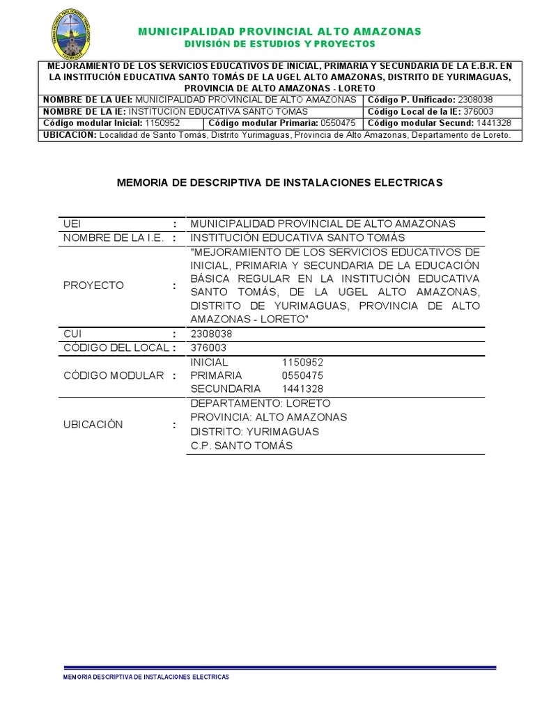 Memoria Descriptiva Electricas Santo Tomas | PDF | Ingenieria Eléctrica | Diodo emisor de luz