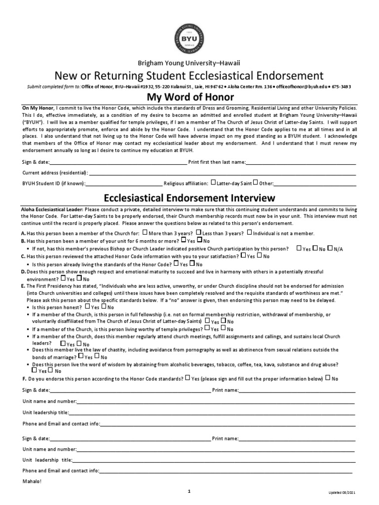 New or Returning Student Ecclesiastical Endorsement Form | PDF