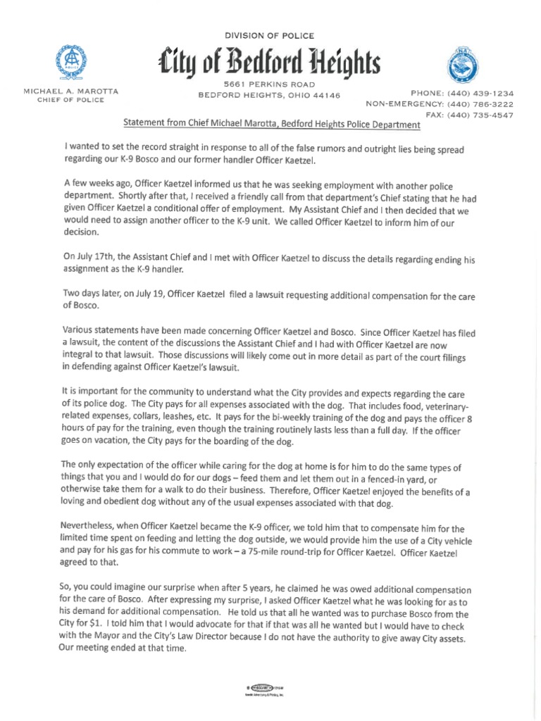 Bedford Heights Police Chief Michael Marotta's Statement On K9 | PDF