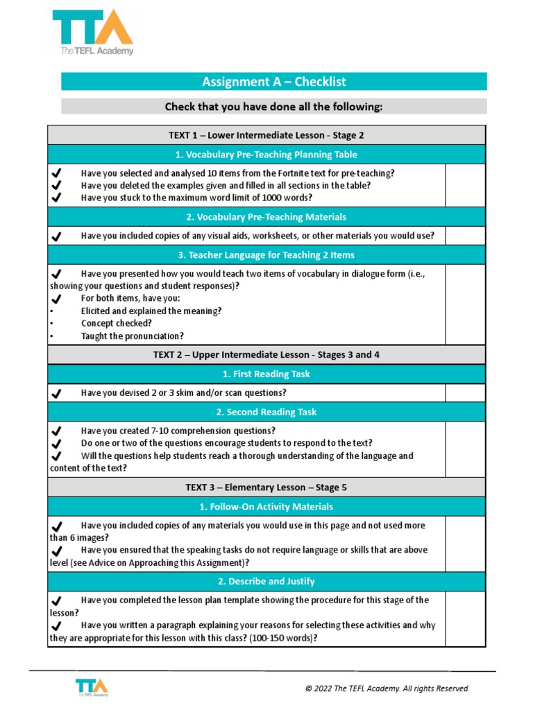 TEFL Lesson Planning Checklist | PDF | Reading Comprehension ...