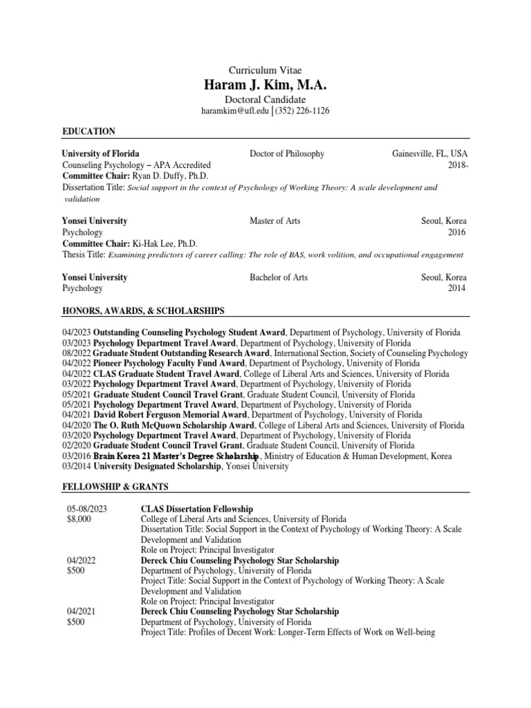 Kim CV July2023 | PDF | Psychotherapy | Counseling Psychology