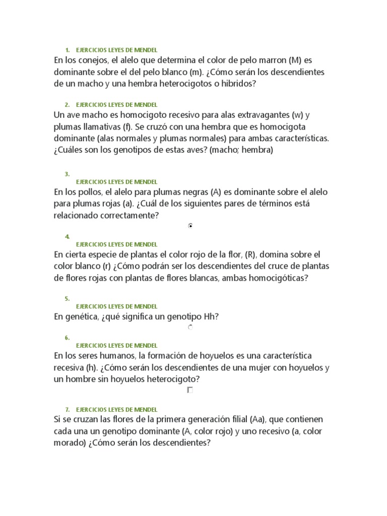 Ejercicios Leyes de Mendel PDF | PDF Ejercicios Leyes de Mendel PDF | PDF
