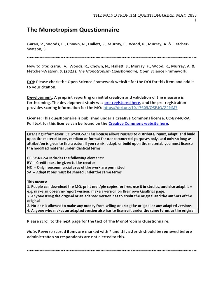 Monotropism Questionnaire 2023 | PDF | Creative Commons License ...
