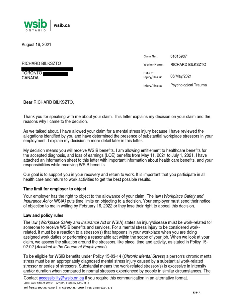 WSIB Decision Letter - Redacted Bilkszto | PDF | Medical Prescription ...