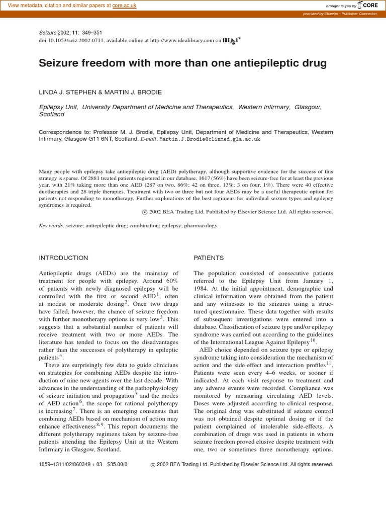 Seizure Freedom With More Than One Antiepileptic Drug: Linda J. Stephen ...
