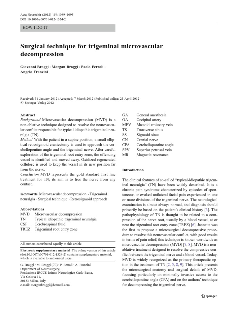 Surgical Technique For Trigeminal Microvascular Decompression | PDF