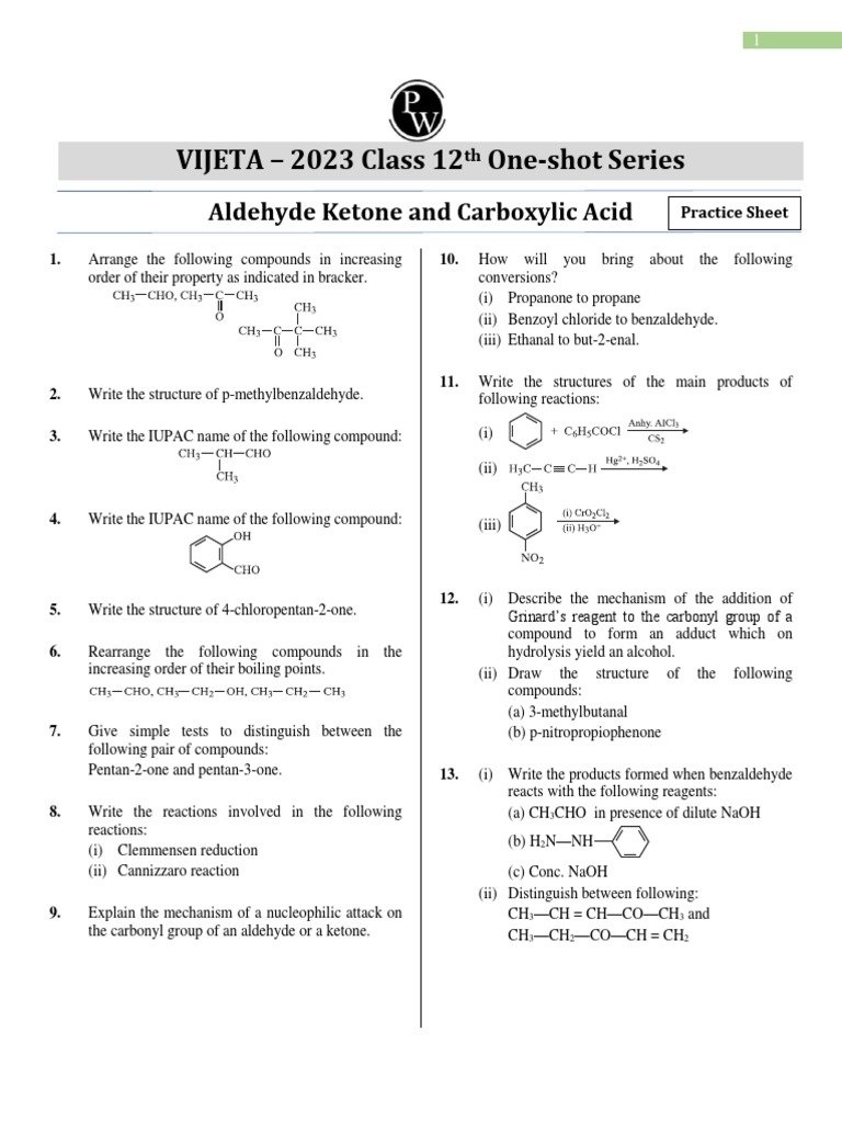 ALDEHYDE, KETONE AND CARBOXYLIC ACID - Practice Sheet & Solution - Vijeta 2023 | PDF | Acid ...